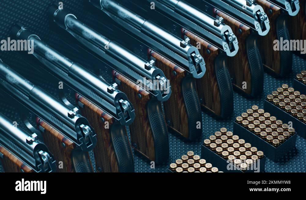 Shiny pistols with bullets. Guns. Munition depot. Ammo dump. Military ...