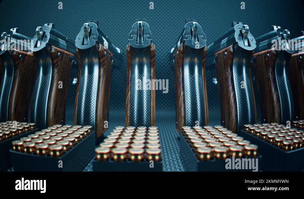 Shiny pistols with bullets. Guns. Munition depot. Ammo dump. Military ...