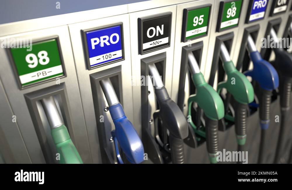 Seamless looping animation of multicolour gas pump nozzles at the gas ...