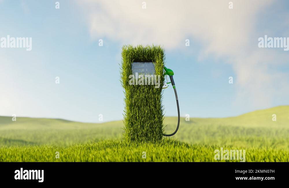 Fuel dispenser with a gas pump nozzle covered by green grass. Eco ...