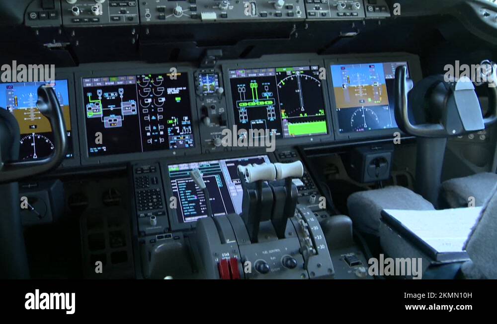 interior shot of a passenger plane cockpit showing controls, console ...