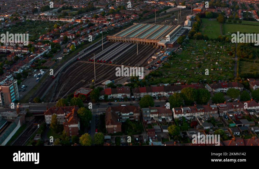 Drone shot over London underground train Depot storage Northfields ...