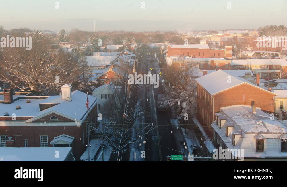 AERIAL Over Rooftops Of Downtown Lititz, Pennsylvania USA During ...