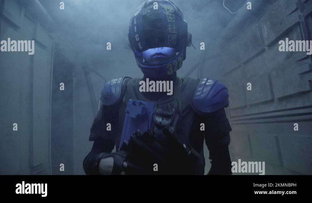 Cyberpunk concept, future world. Police officer halfman bionic cyborg ...