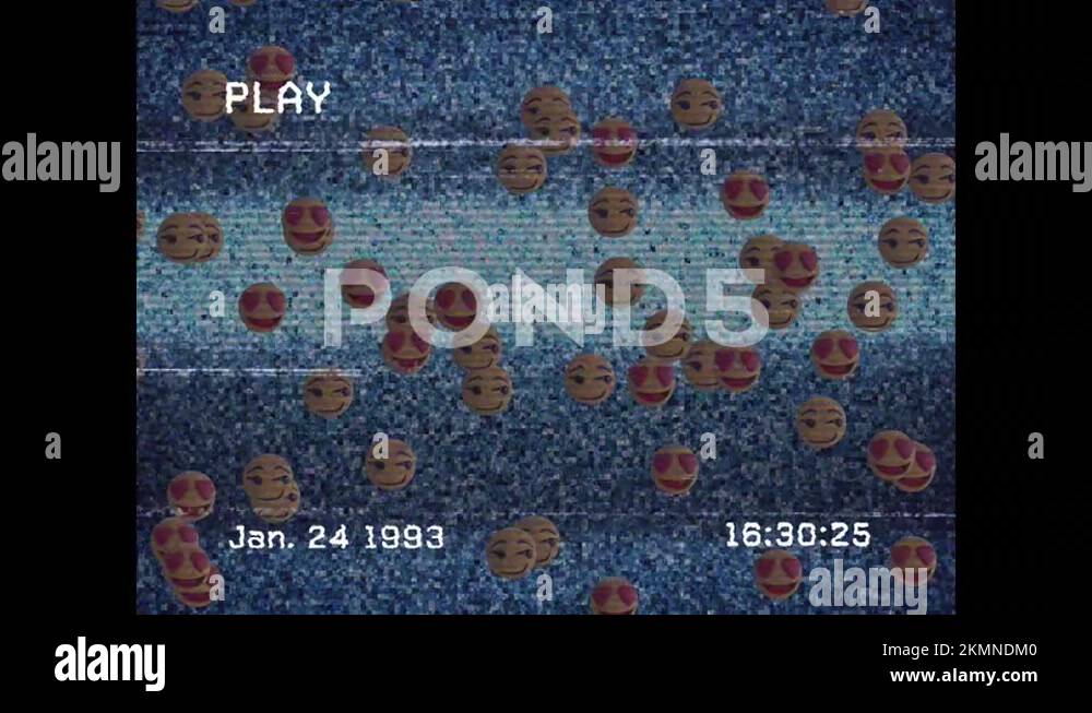 Digital animation of vhs glitch effect over multiple face emojis ...