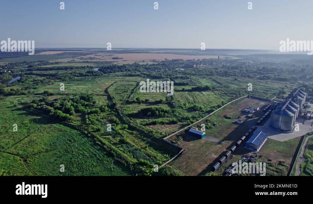 Grain warehouse, granary. Large steel towers for storing crops Stock ...
