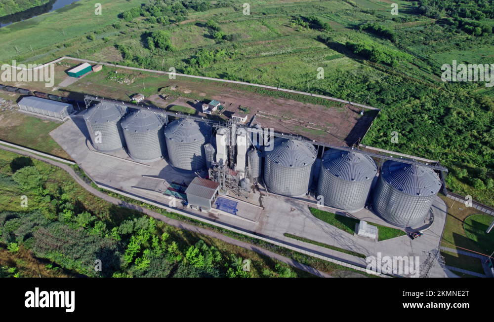 New industrial grain silos grain storage tanks from drone Stock Video ...