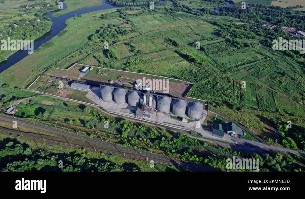 Grain warehouse, granary. Large steel towers for storing crops Stock ...