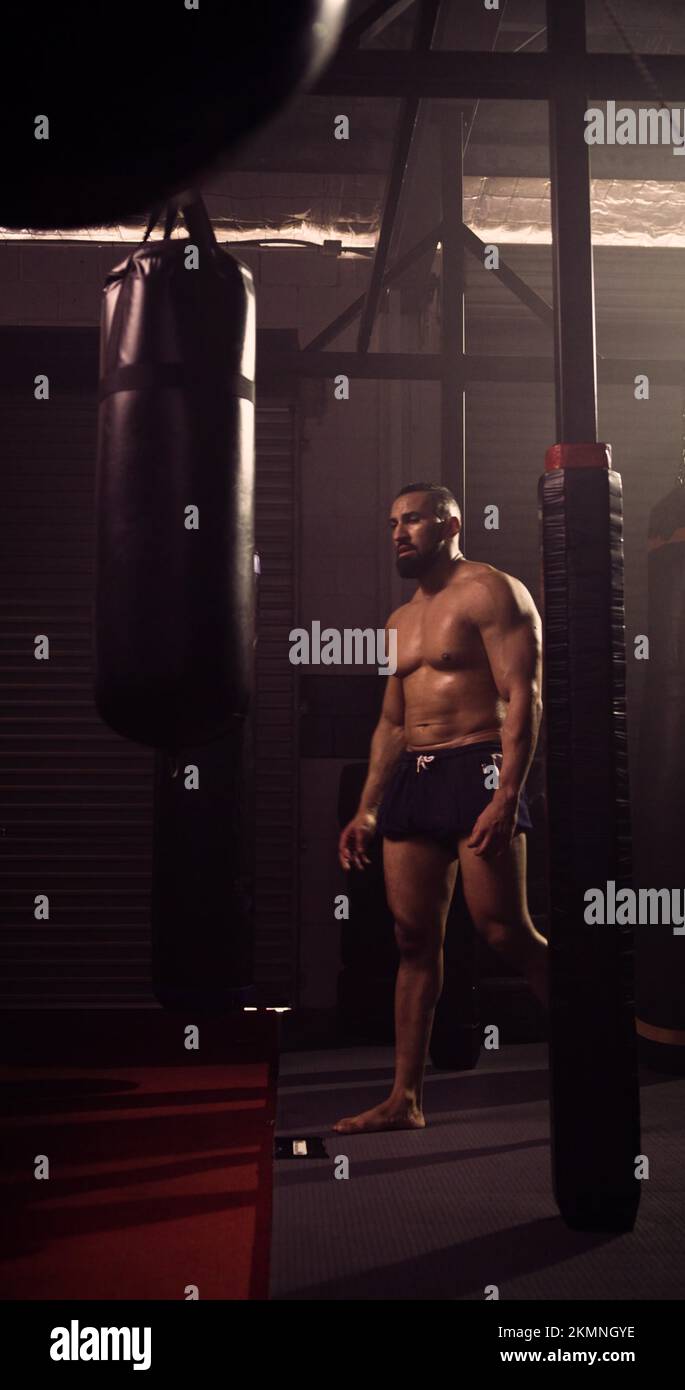 A Vertical Video Of A Hispanic Bodybuilder Boxing In An MMA Gym Stock ...