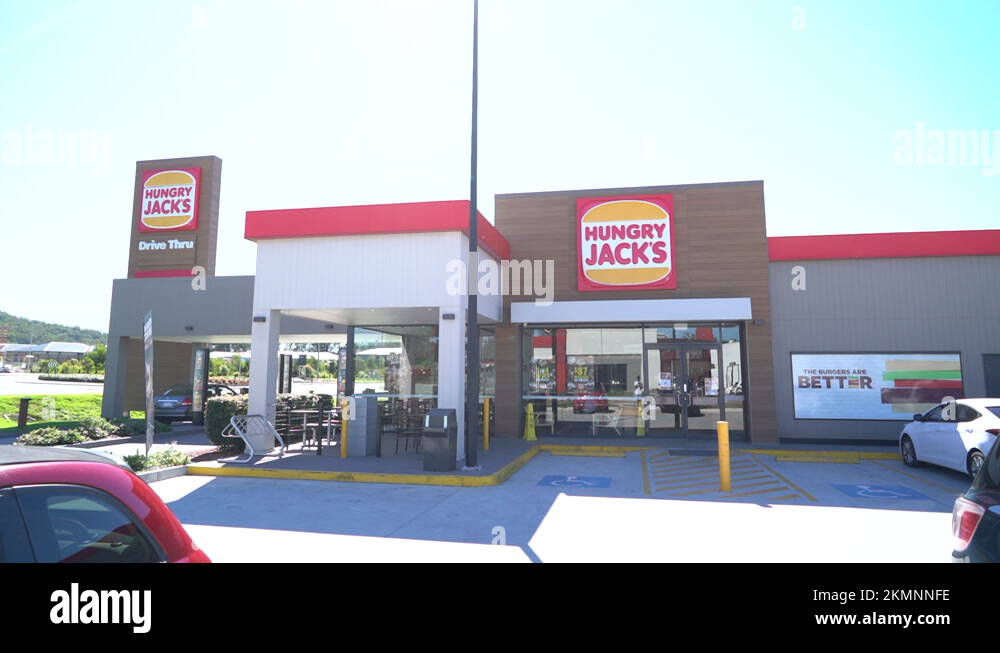 Hungry jacks fast food restaurant exterior with vivid logo, dolly ...