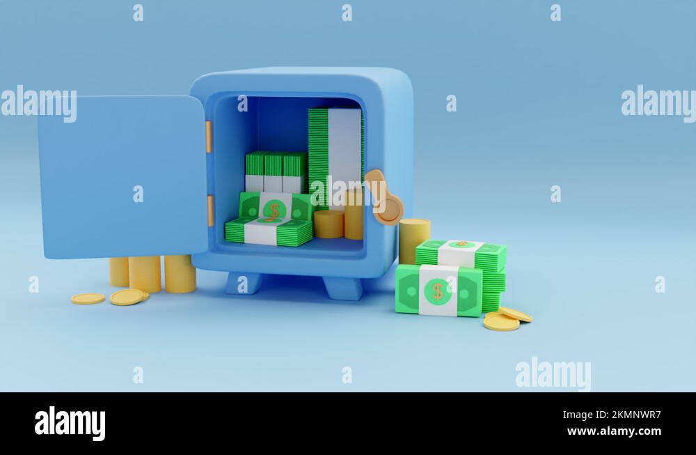 3d visualization of a safe with coins and stacks of cash dollars Stock ...