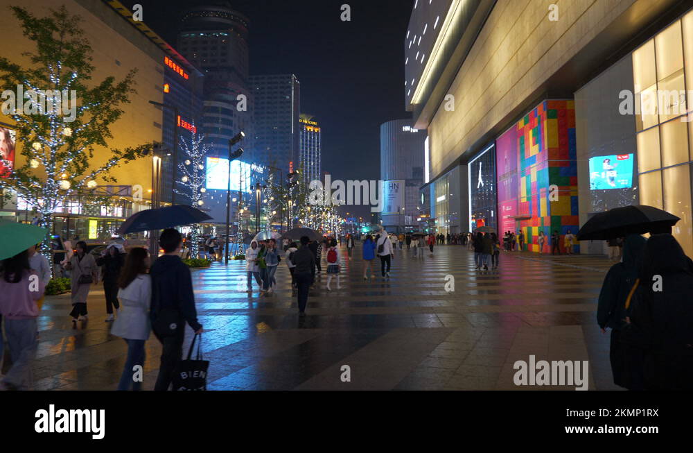 night changsha city downtown mall front crowded sidewalk panorama 4k china Stock Video Footage ...