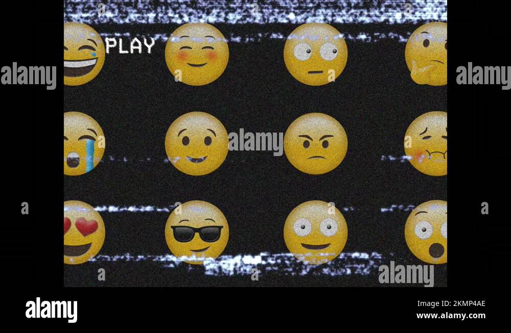 Animation of play interface on screen with social media emoji icons ...