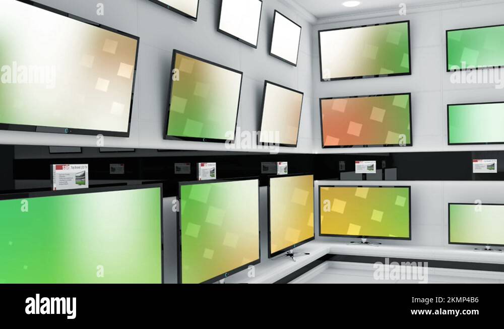 Animation of rows of television sets in store with glowing screens with ...