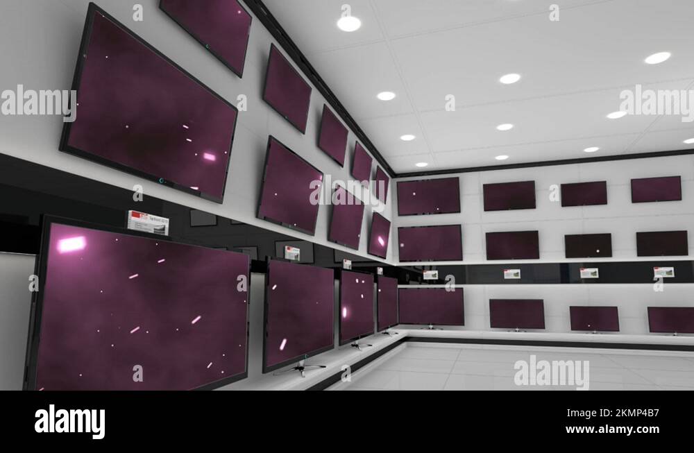 Animation of rows of television sets in store with glowing screens with ...