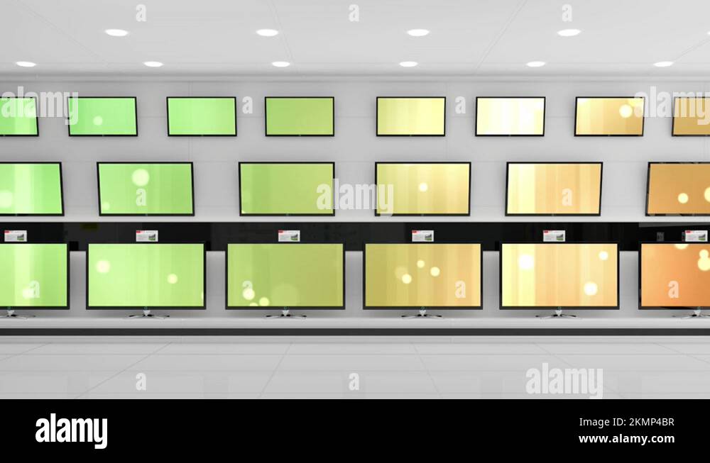 Animation of rows of television sets in store with glowing screens with ...