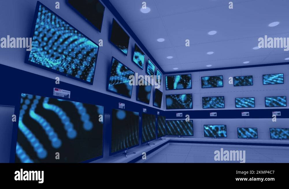 Animation of rows of television sets in store with glowing screens with ...