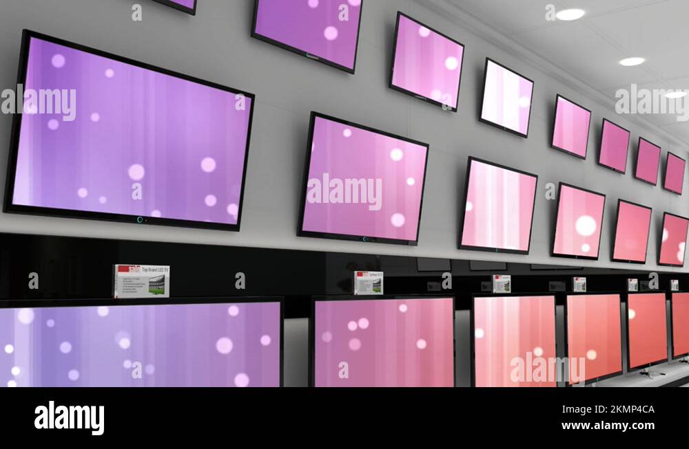 Animation of rows of television sets in store with glowing screens with ...