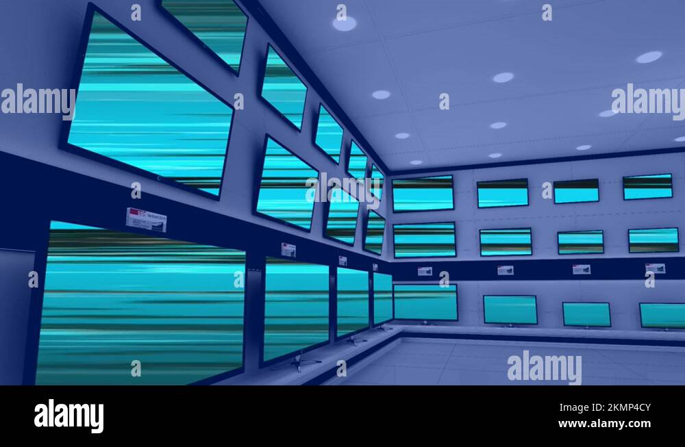 Animation of rows of television sets in store with glowing screens with ...