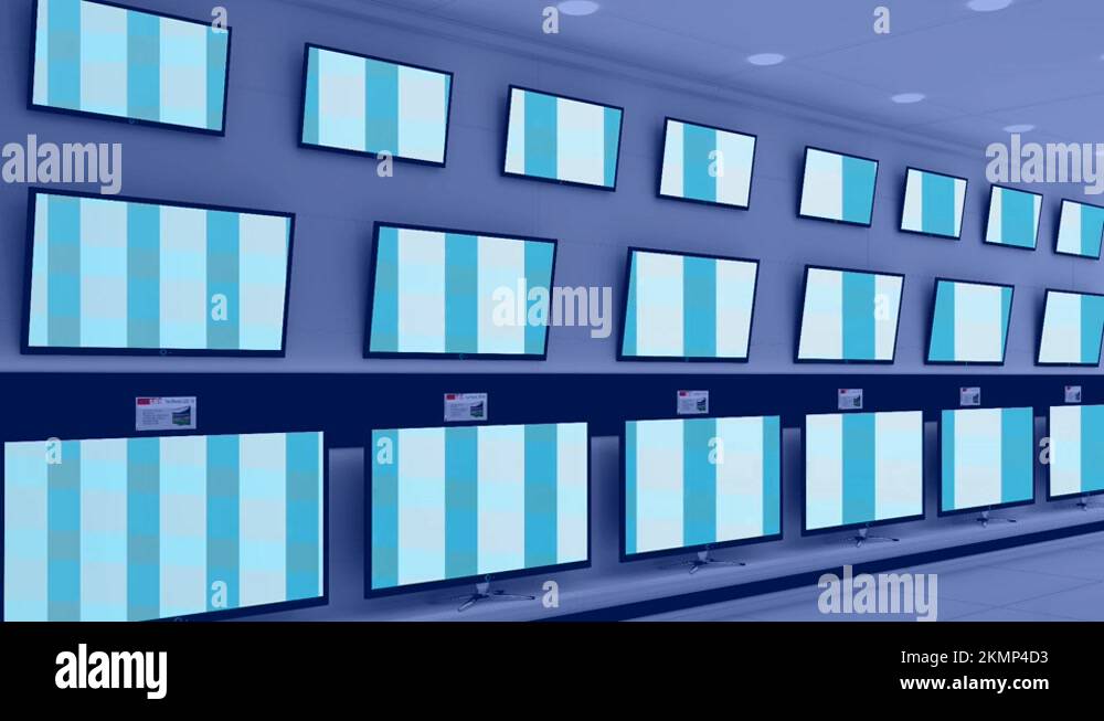 Animation of rows of television sets in store with glowing screens with ...