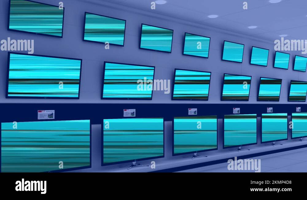 Animation of rows of television sets in store with glowing screens with ...