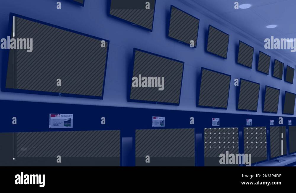 Animation of rows of television sets in store with glowing screens with ...