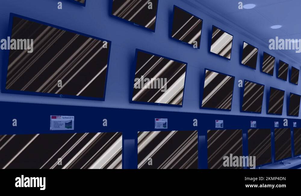 Animation of rows of television sets in store with glowing screens with ...