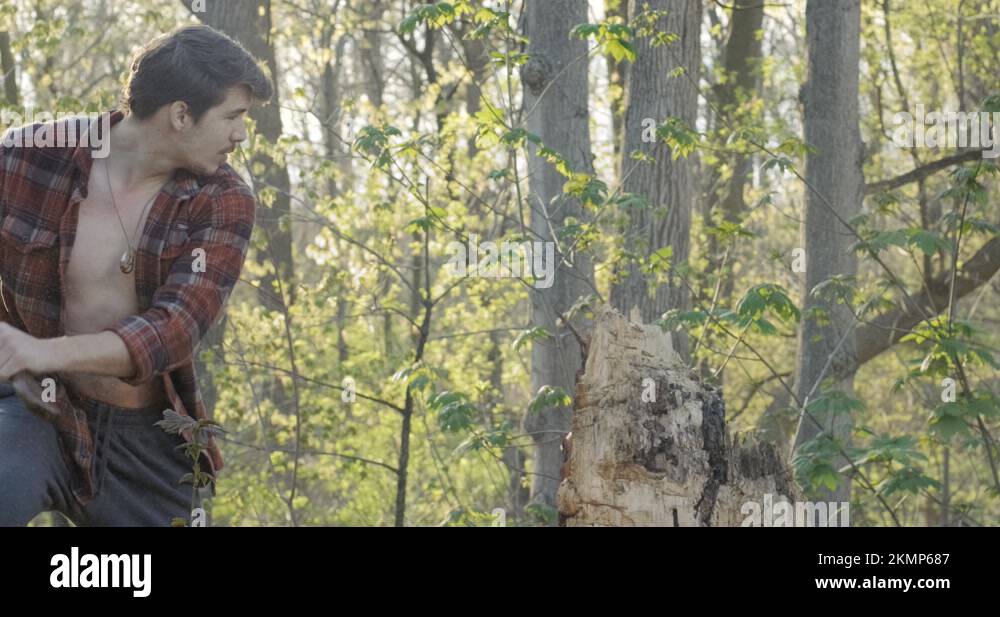 Strong young man swings his axe sideways into the side of a tree stump ...