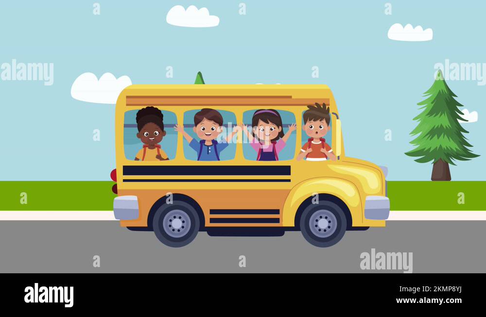 preschool students in schoolbus characters animation Stock Video ...