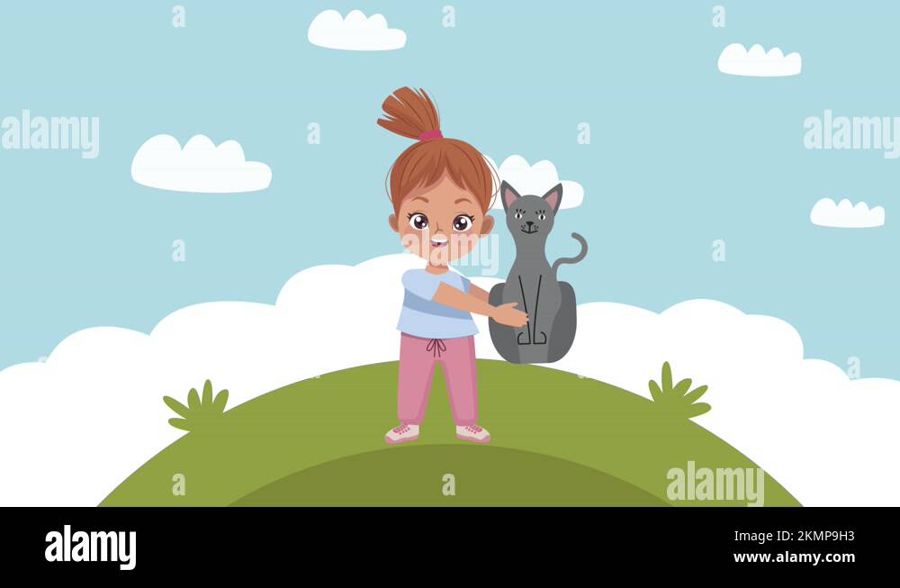 little girl lifting cat in the camp scene animation Stock Video Footage ...