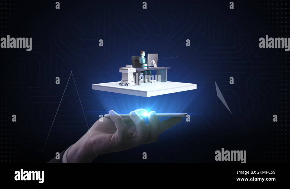 Lift smartphone. Smart office appear. AI Secretary robot works in smart ...