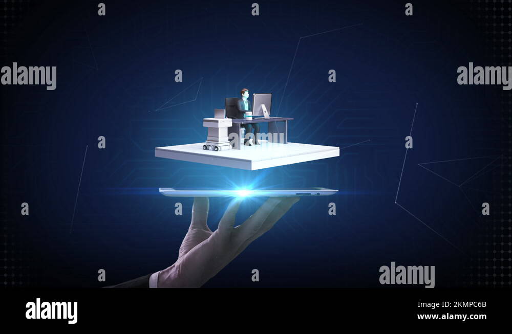 Lifting tablet. Smart office appear. AI Secretary robot works in smart ...