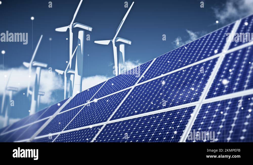 solar cell plant and wind generators connected to smart grid.timelapse ...