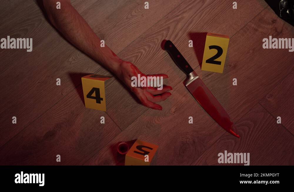 Crime Scene Bloody Knife and Hand With Yellow Evidence Markers Stock ...