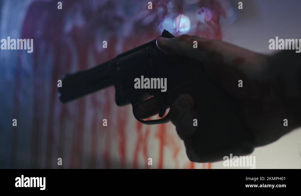Gun Shooting With Blood Splatter on Wall Horror Crime Scene Stock Video ...
