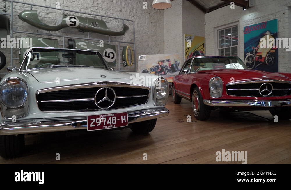 Gorgeous vintage Mercedes Benz cars standing in Dutton garage, motion ...