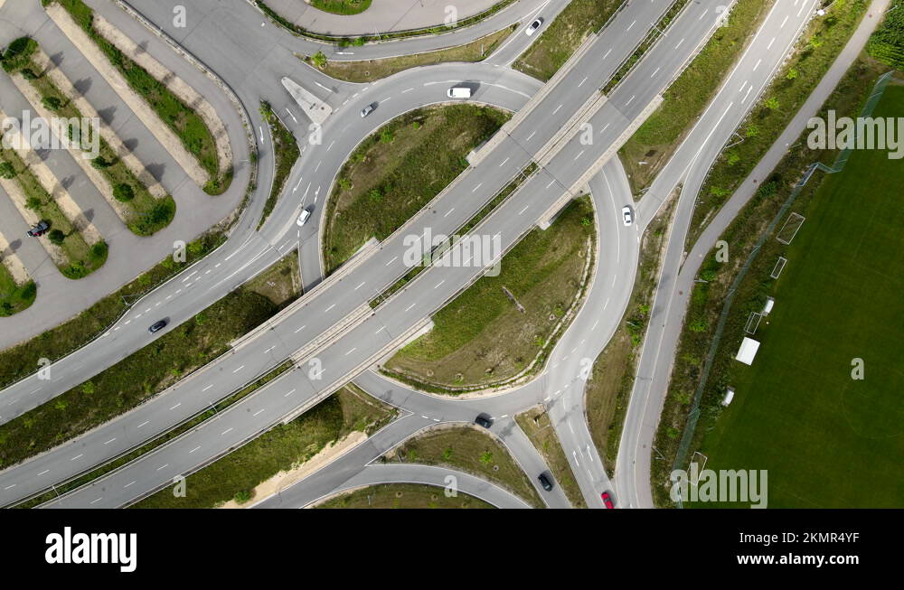 Aerial of roundabout low traffic, motorway in Germany in 4k ...