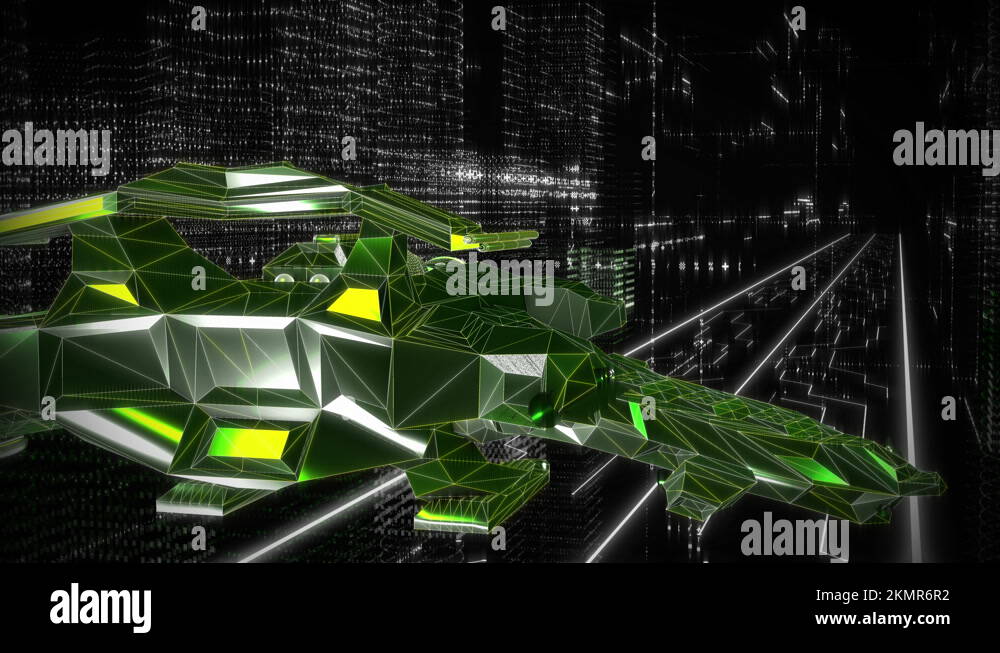 Neon Green Futuristic Starship Hovering In A Sci-fi Digital City ...