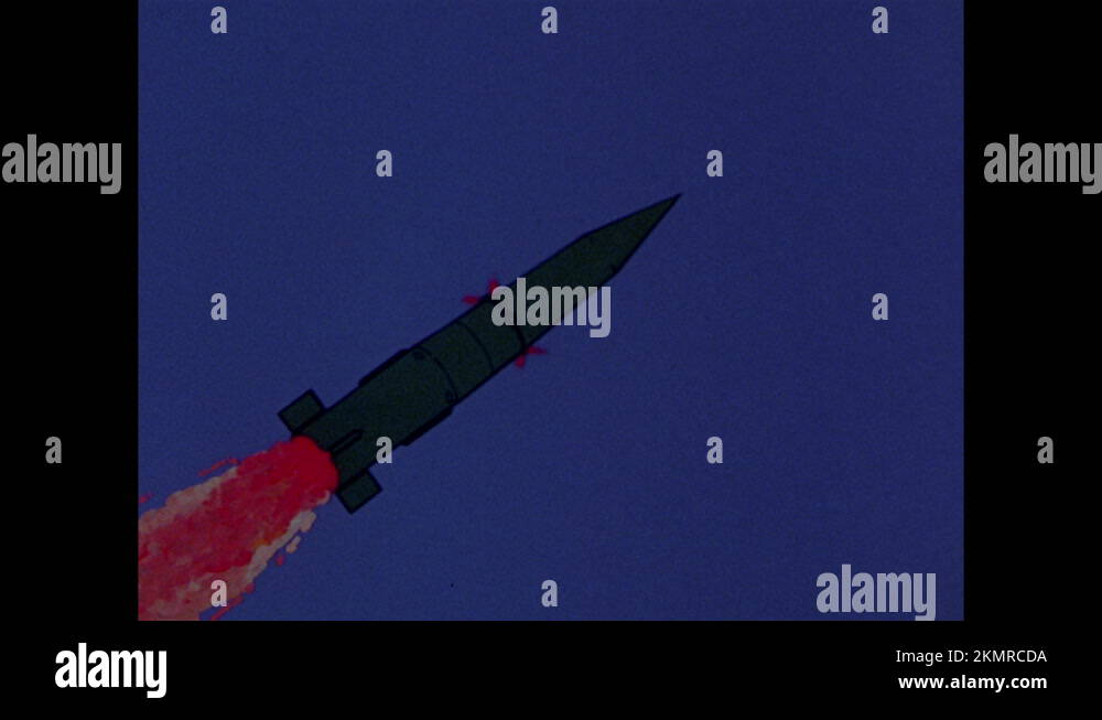 1970s: Animation. Diagram shows missile flight. Missile separates ...