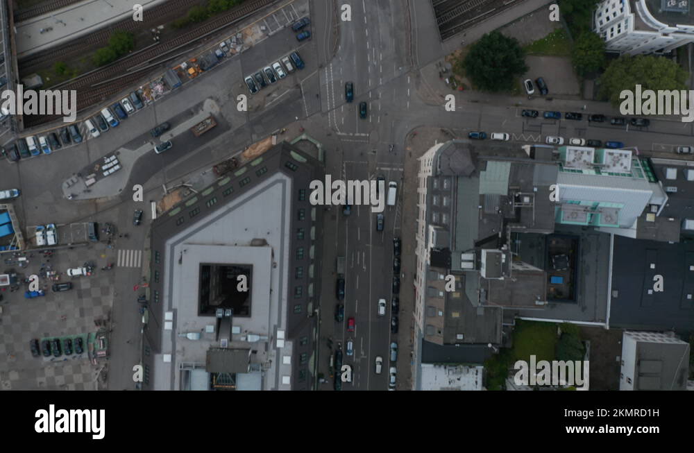 Aerial birds eye overhead top down view of multilane road leading ...
