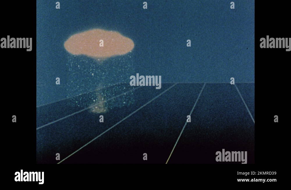 1960s: Illustration of nuclear mushroom cloud, radiation falling down ...
