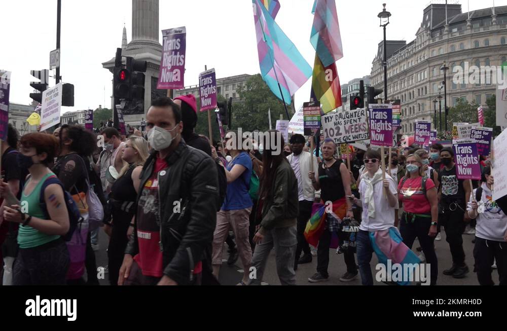 LGTB Pride march with lots of pride flags passes by Trafalgar Square in ...