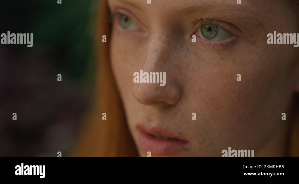 Close up face of Sensitive Young Red-Haired Girl with Freckles Opens Eyes Stock Video Footage ...