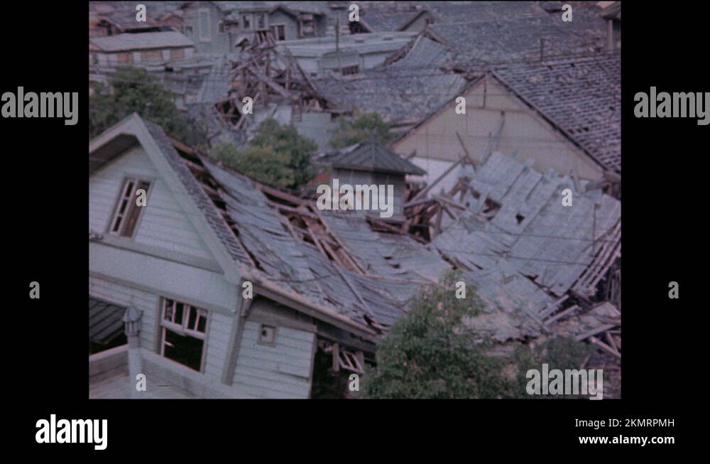 1940s: Rooftops of destroyed buildings. Collapsed building. Remains of ...