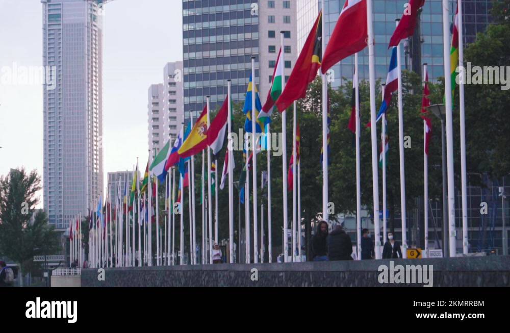 Group of flags of various states - as a symbol of world cooperation ...