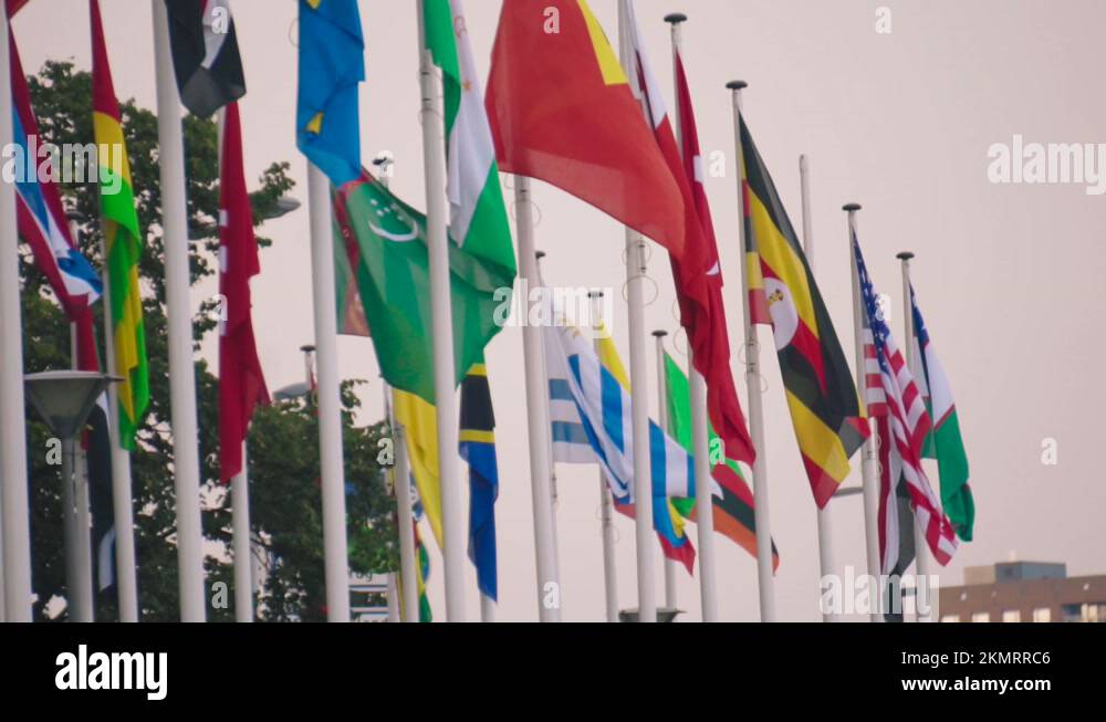Flags of the countries of the world on flagpoles flutter in the wind ...