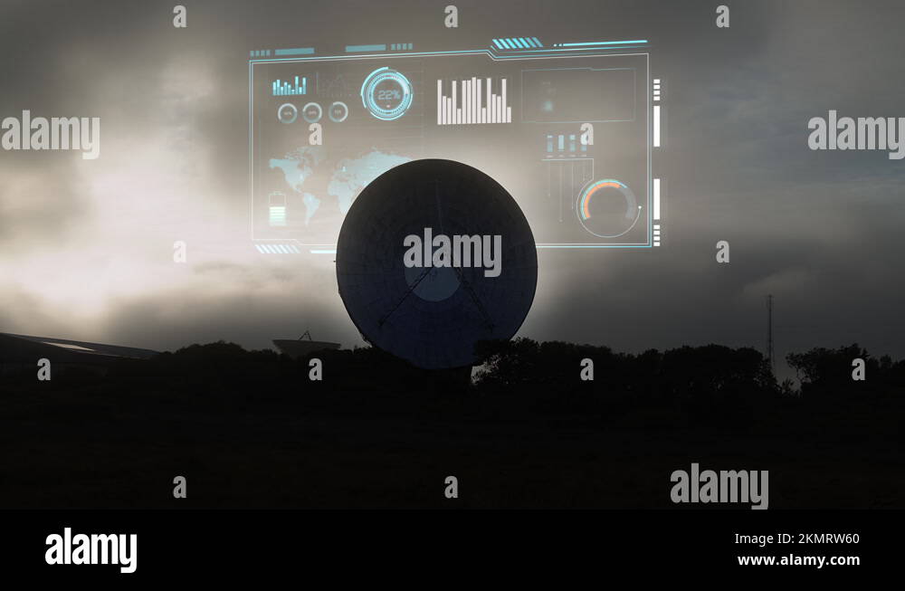 Data HUD on Silhouette Satellite dish, time lapse cloud background - 3d ...