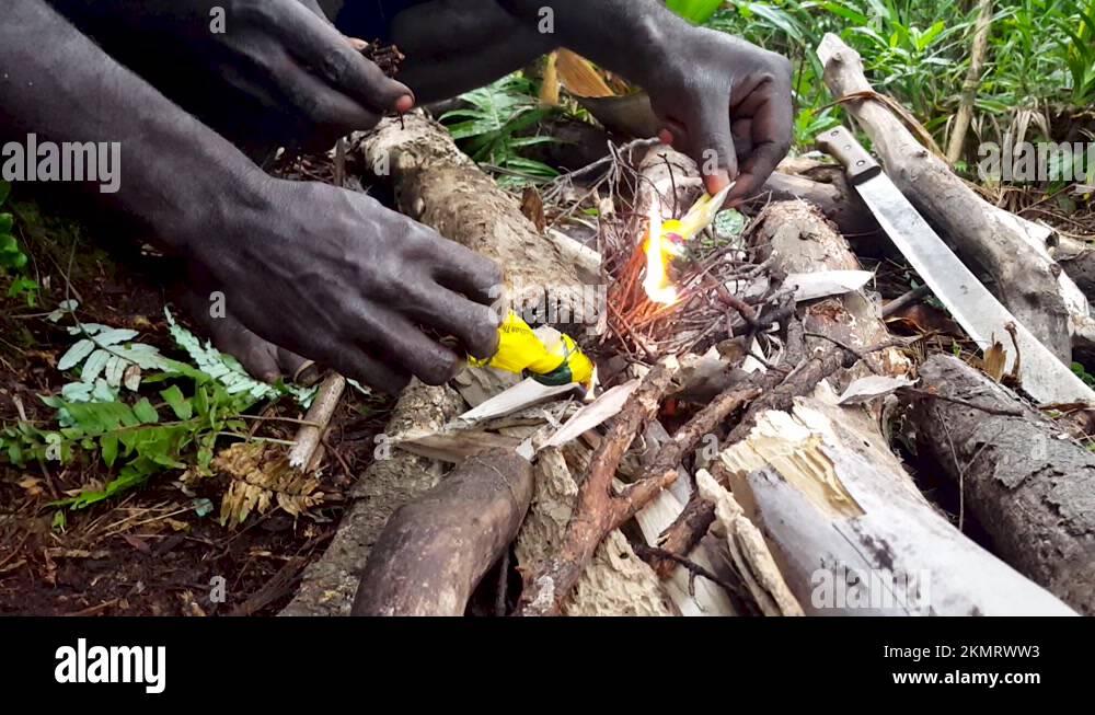 Starting and lighting an outdoor open fire in the rainforest on multi ...