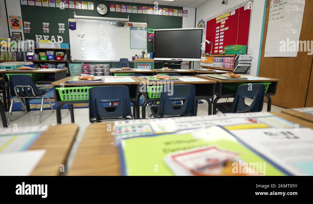 Camera slide to left showing wide angle view of empty school classroom ...