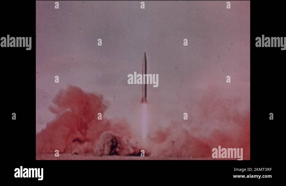 1960s: Missile launches into air. Explosion. Black smoke Stock Video ...